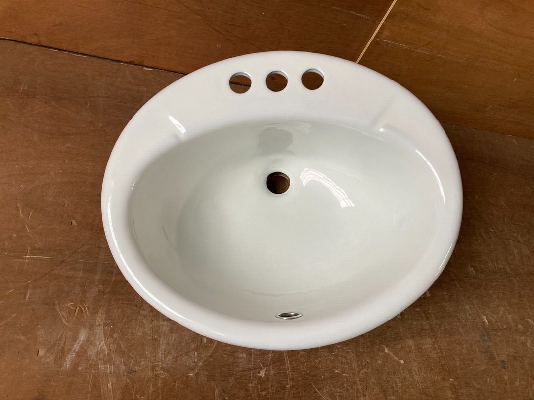Vtg 19x16 Cast Iron White Oval Self Rimming Drop in Bath Sink Old ...