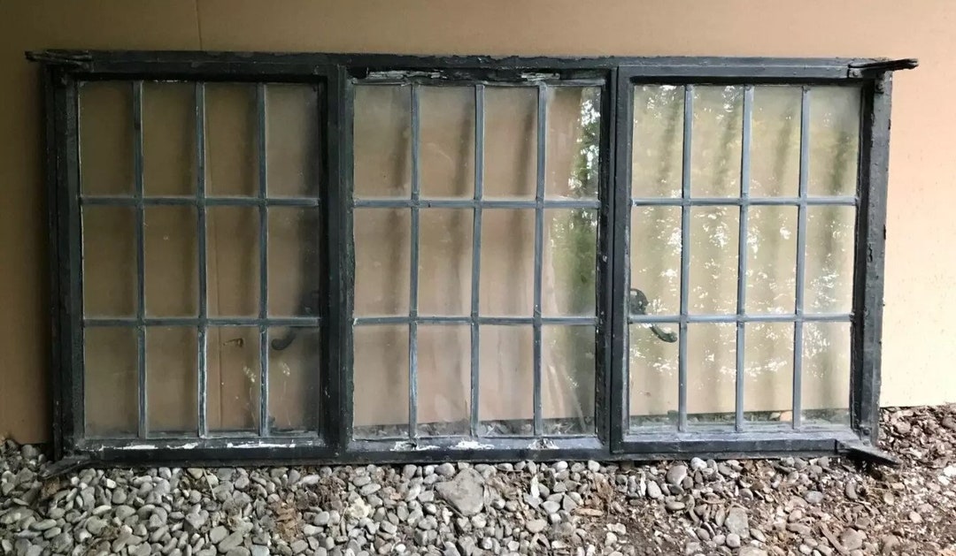Vintage 26x55 Steel 36 Lite Leaded Glass Triple Casement Tudor Window ...