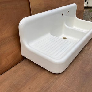 Antique High Back Cast Iron White Porcelain Kitchen Sink 60" Double ...