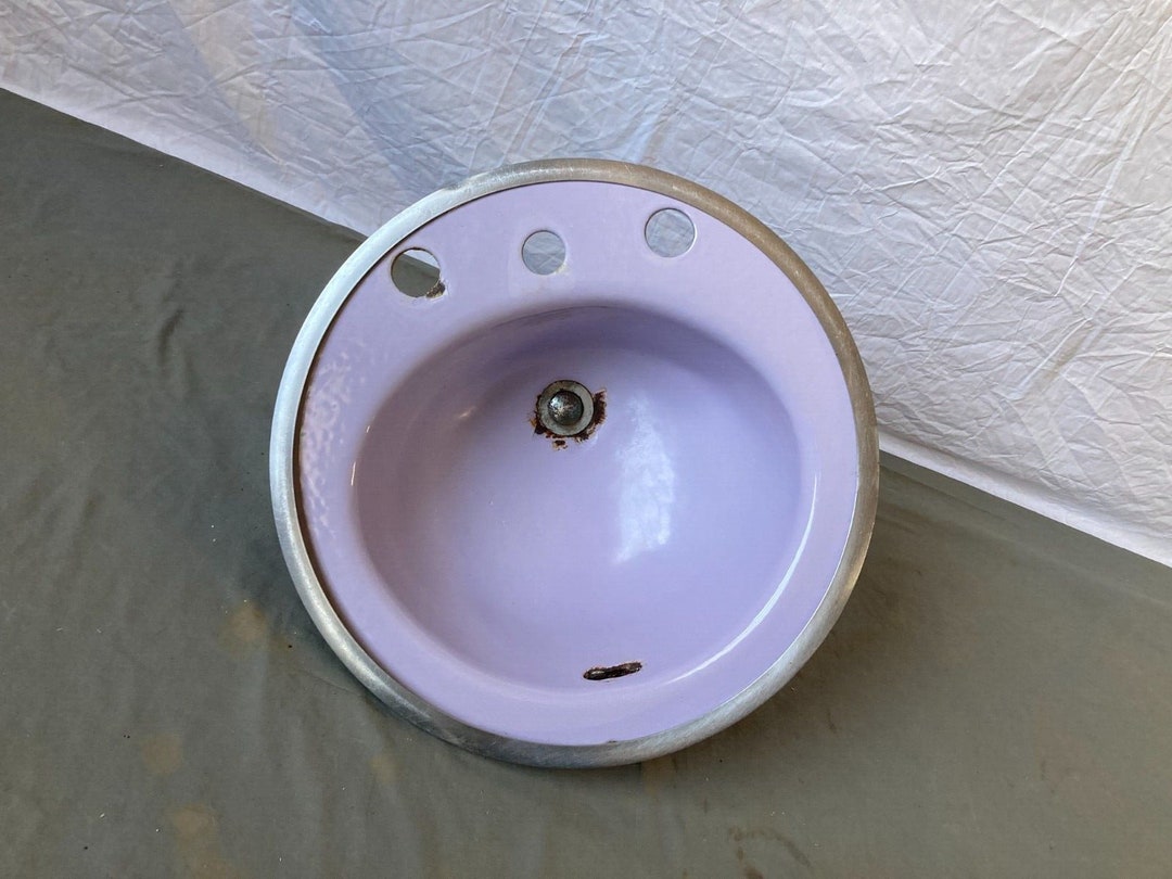 Vintage Mid Century 18" Cast Iron Lavender Lilac Round Drop in Sink ...