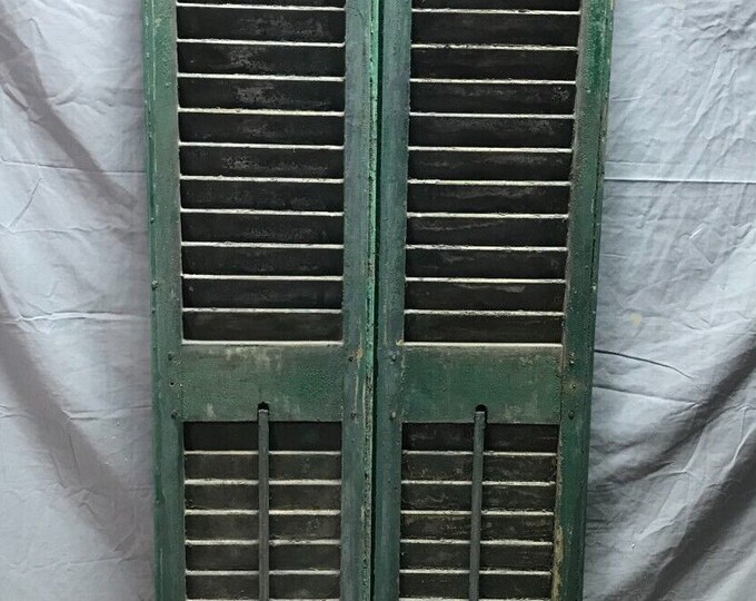 Pair Antique Window 11x62 Wood Louvered Shutters Shabby Green Old VTG ...