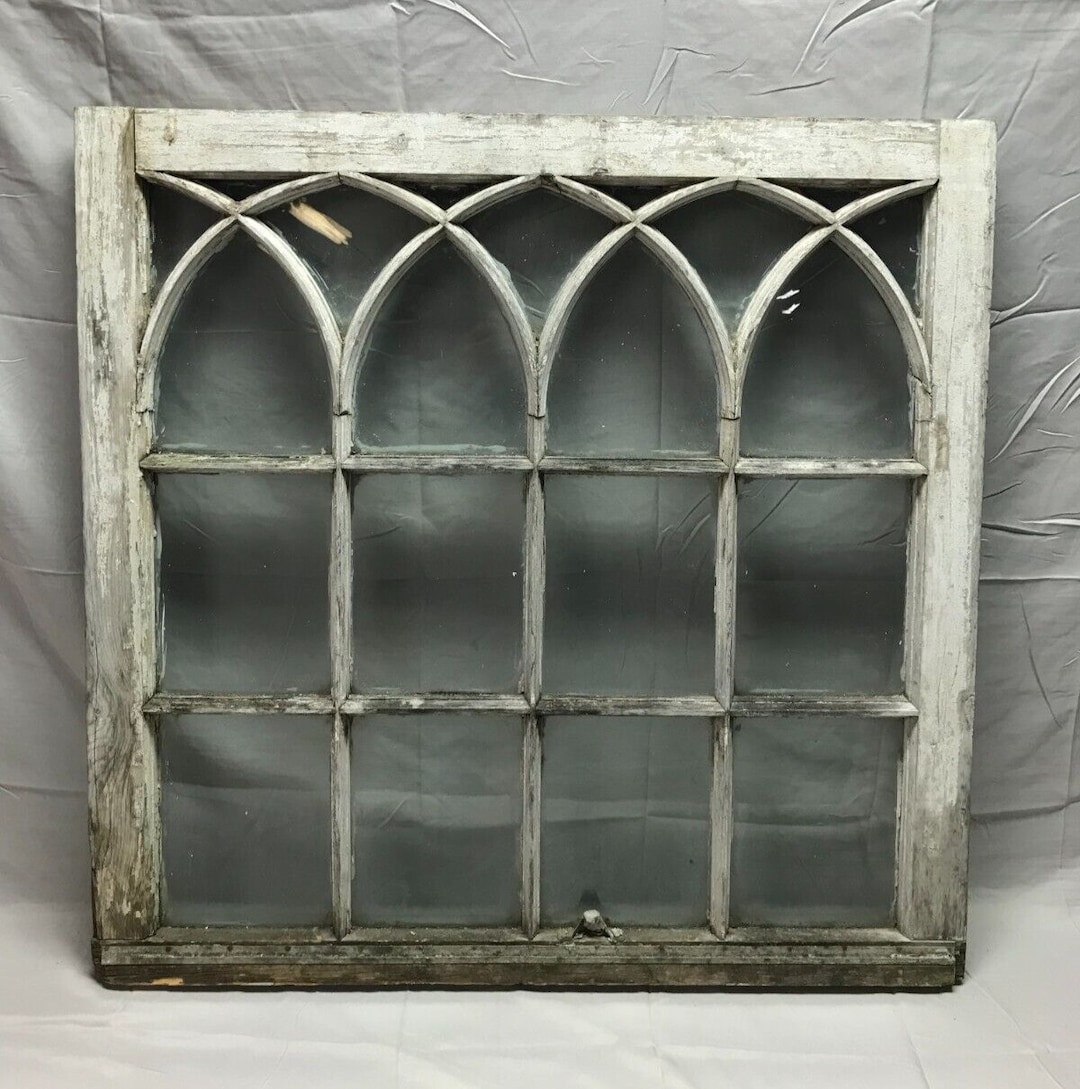 Antique Gothic Arched Glass Window Sash Shabby 34x35 Vintage Chic Old ...