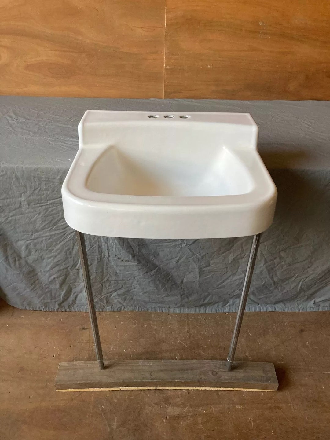 Vtg Cast Iron White Porcelain Sink Chrome Bras Legs Mid Century ...