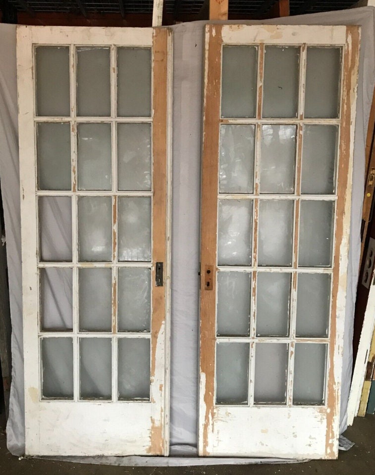 Antique Pair 15 Lite Wood 28x83 Distressed White French Doors Old VTG ...
