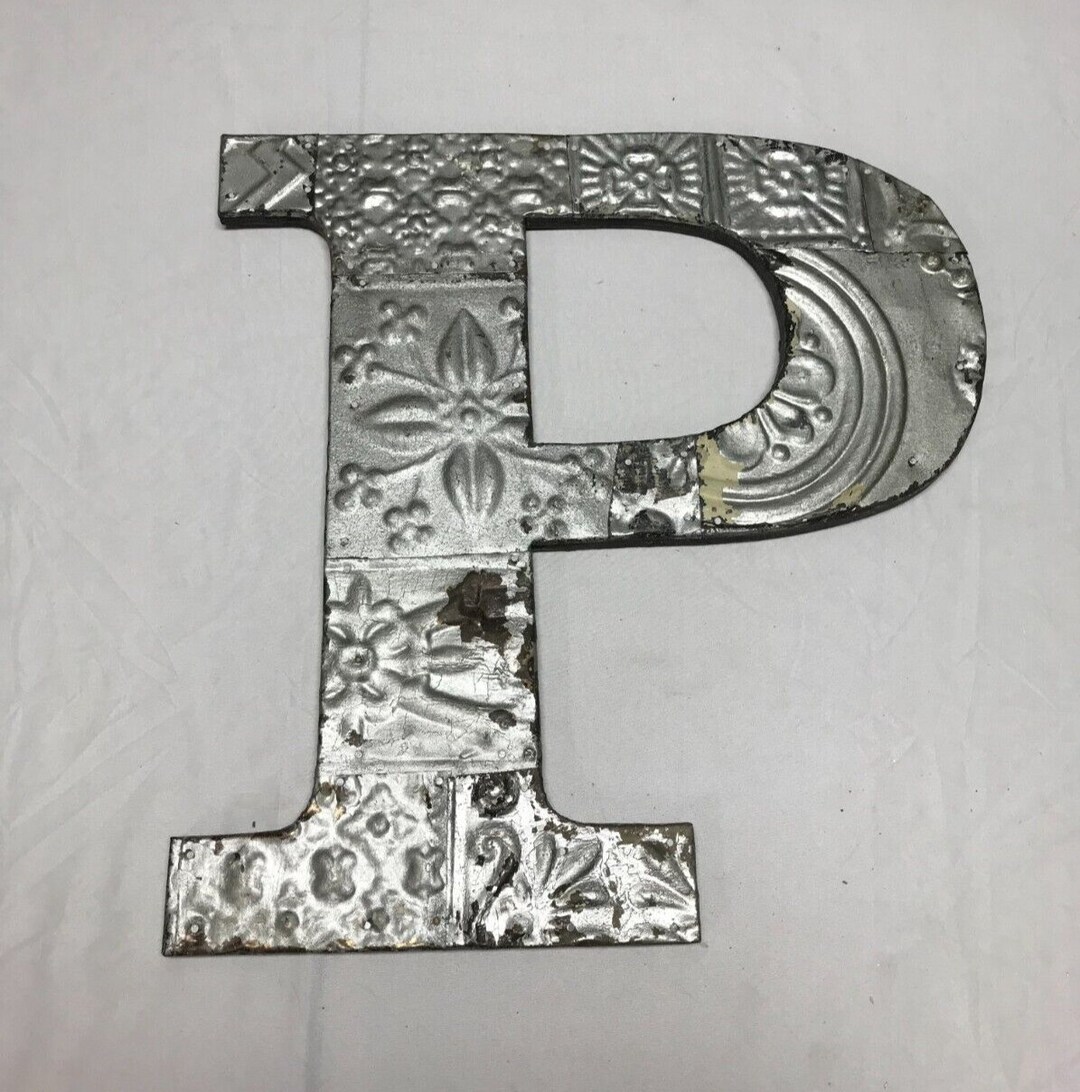 Decorative Salvaged Tin Ceiling 16" Patchwork Silver Metal Letter P Old ...