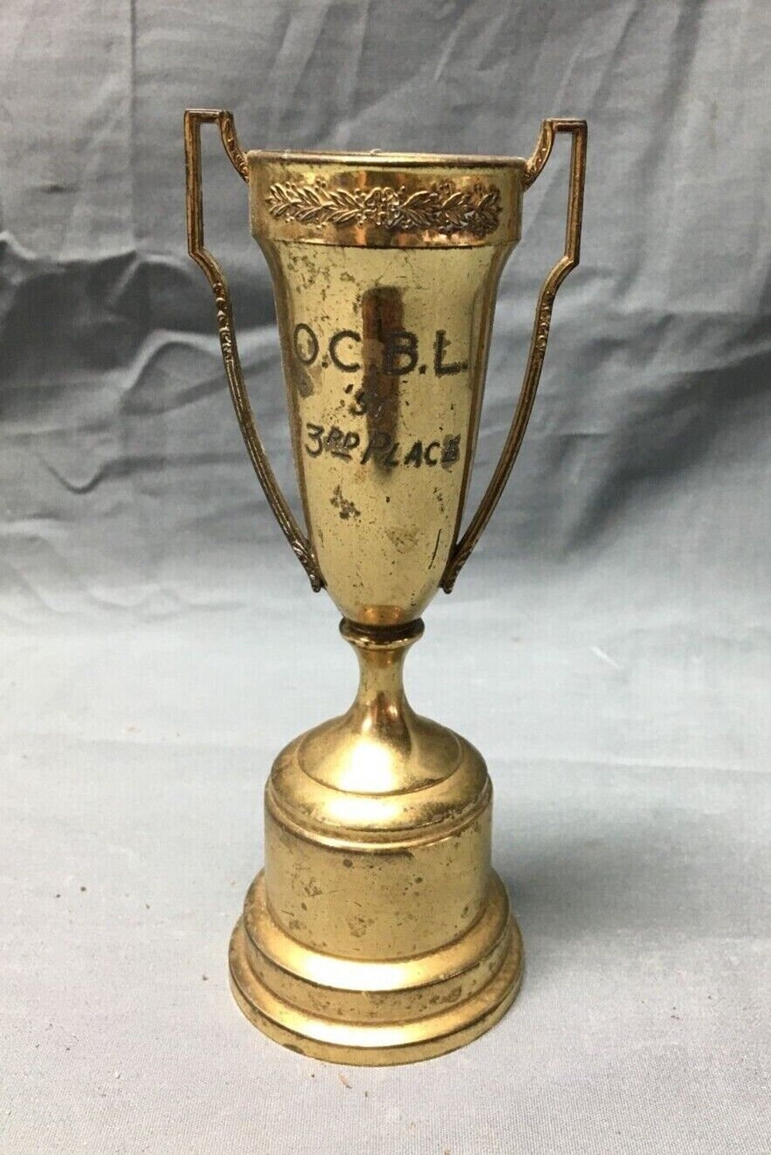 Antique Vintage 6" Tall O.C.B.L 3RD Place Trophy Cup Award Old Gold 843 ...
