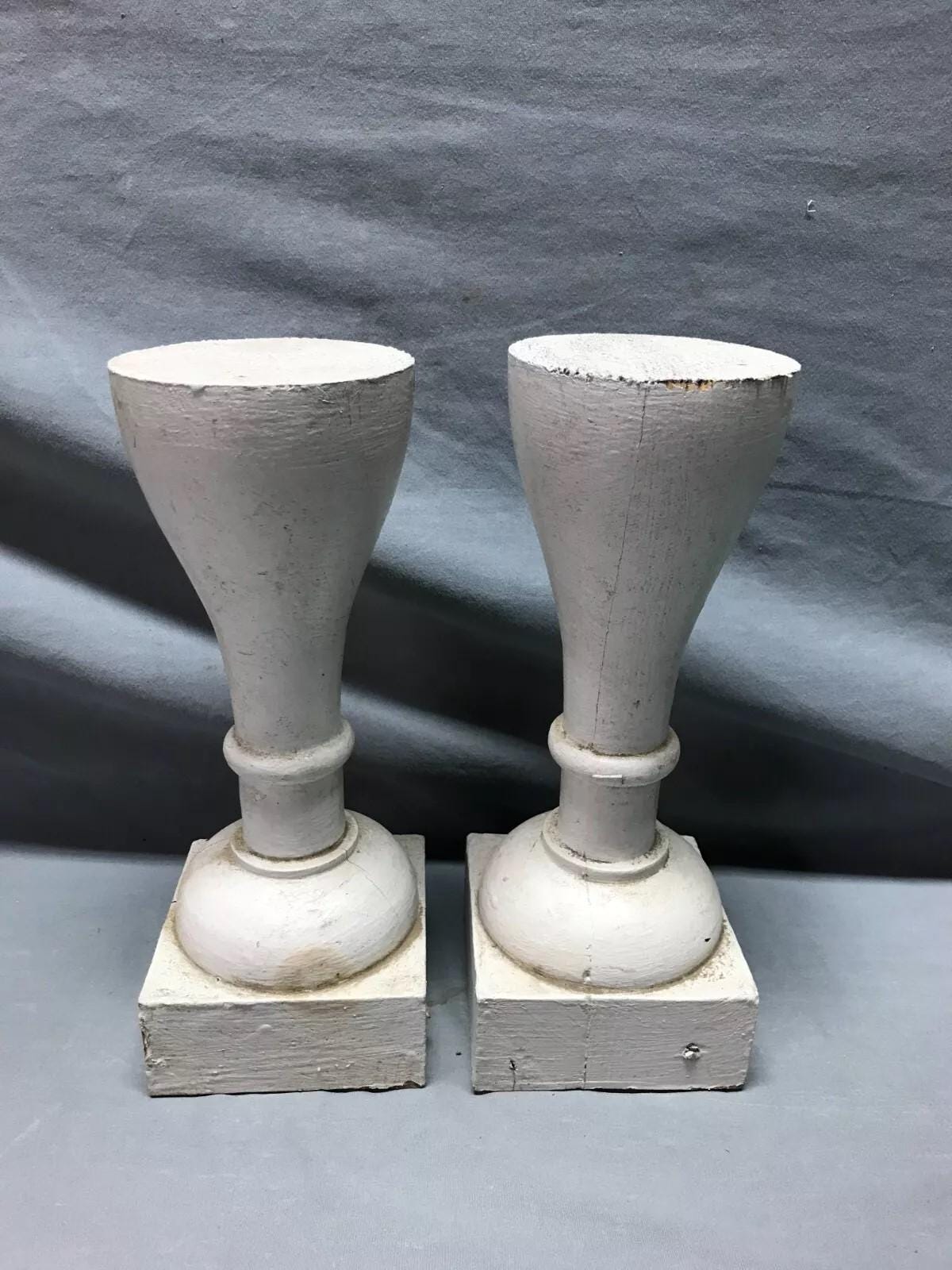 Vintage Pair 10" Turned Wood Shabby Balusters Thick Chunky Candle ...