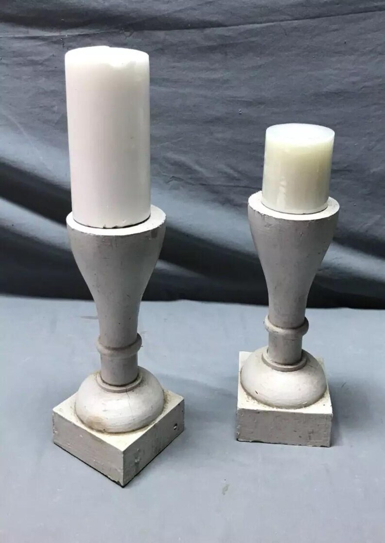Vintage Pair 10" Turned Wood Shabby Balusters Thick Chunky Candle ...