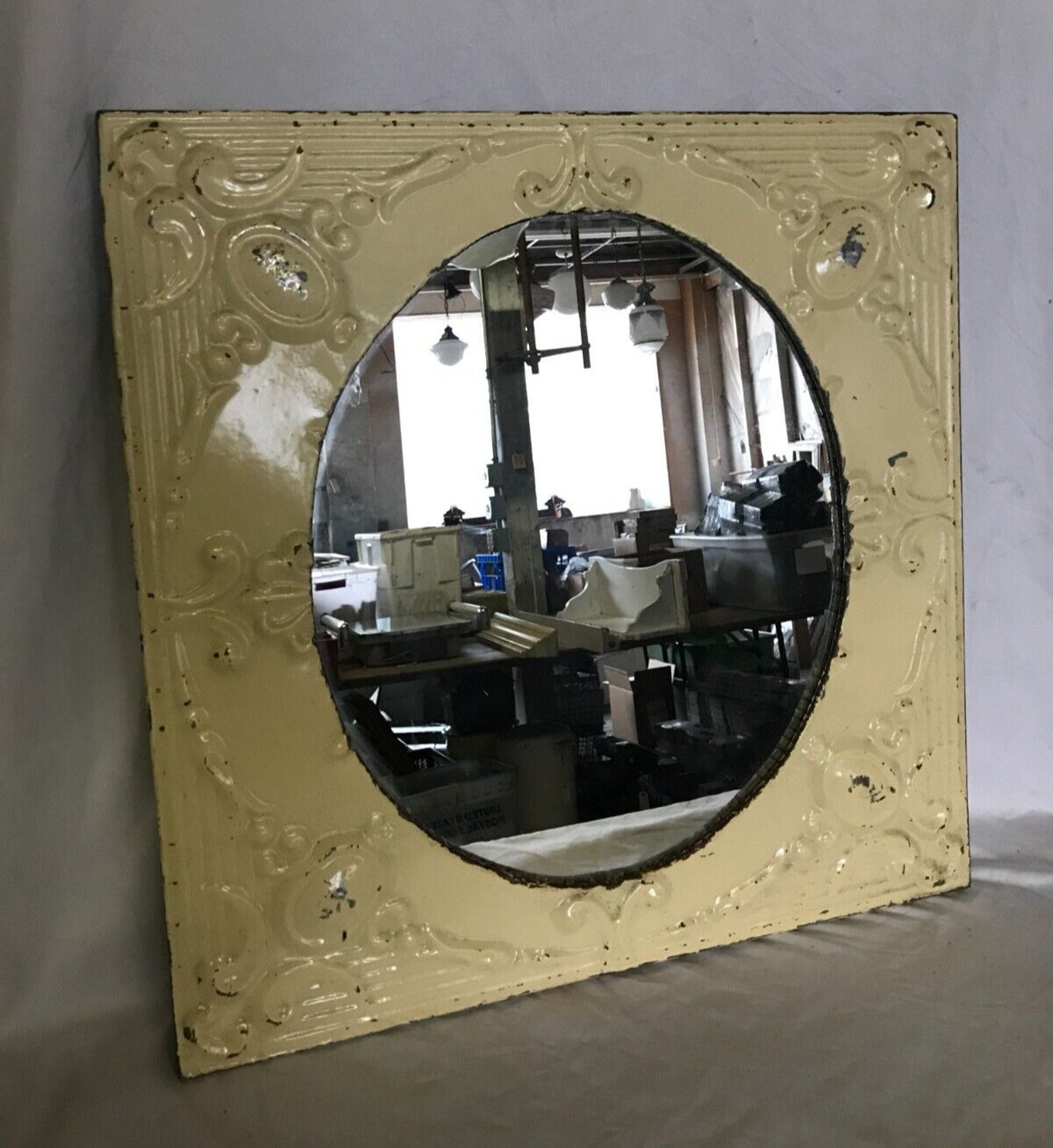 Decorative Salvaged Tin Ceiling 23" SQ. Butterscotch Metal Oval Mirror ...