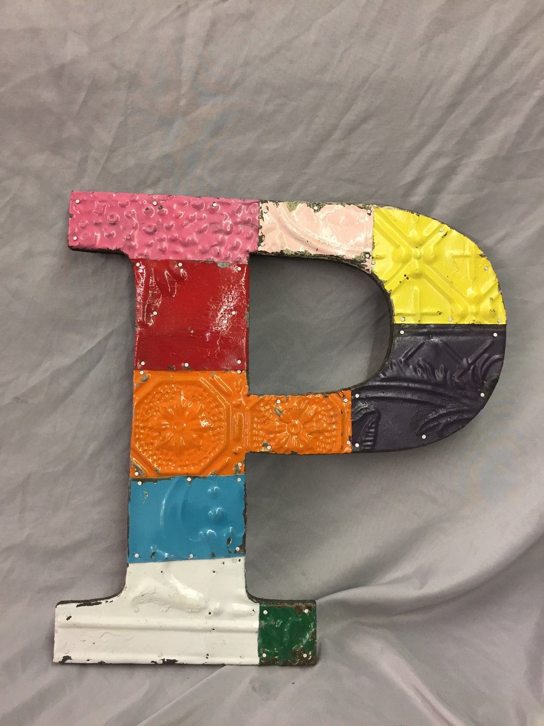 Reclaimed Tin Ceiling Wrapped 16" Letter P Patchwork Metal Multicolor ...