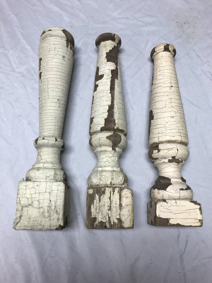 Set 3 Turned Wood Shabby White Spindles Candle Stick Holders Old VTG ...
