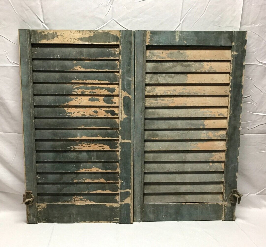 Pair Antique Small Window Wood Louvered Green Shutters 16x29 VTG Old ...
