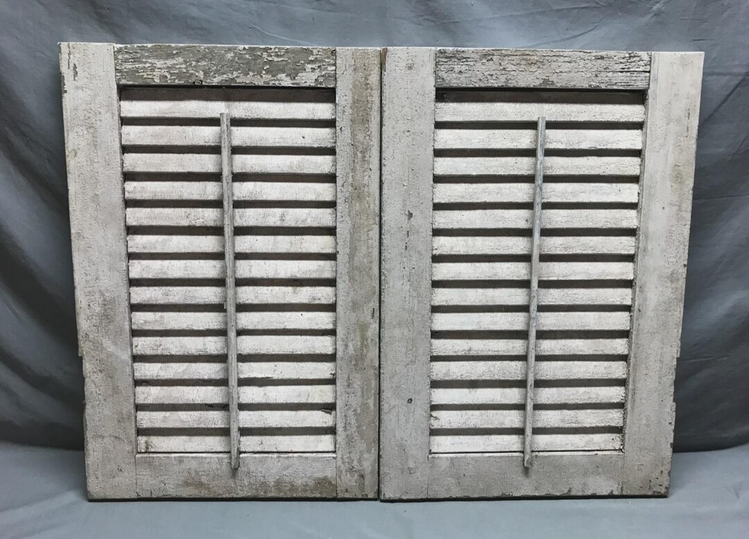Antique Pair 18x26 Shabby White House Window Wood Louvered Shutters ...