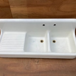 Antique High Back Cast Iron White Porcelain Kitchen Sink 60" Double ...