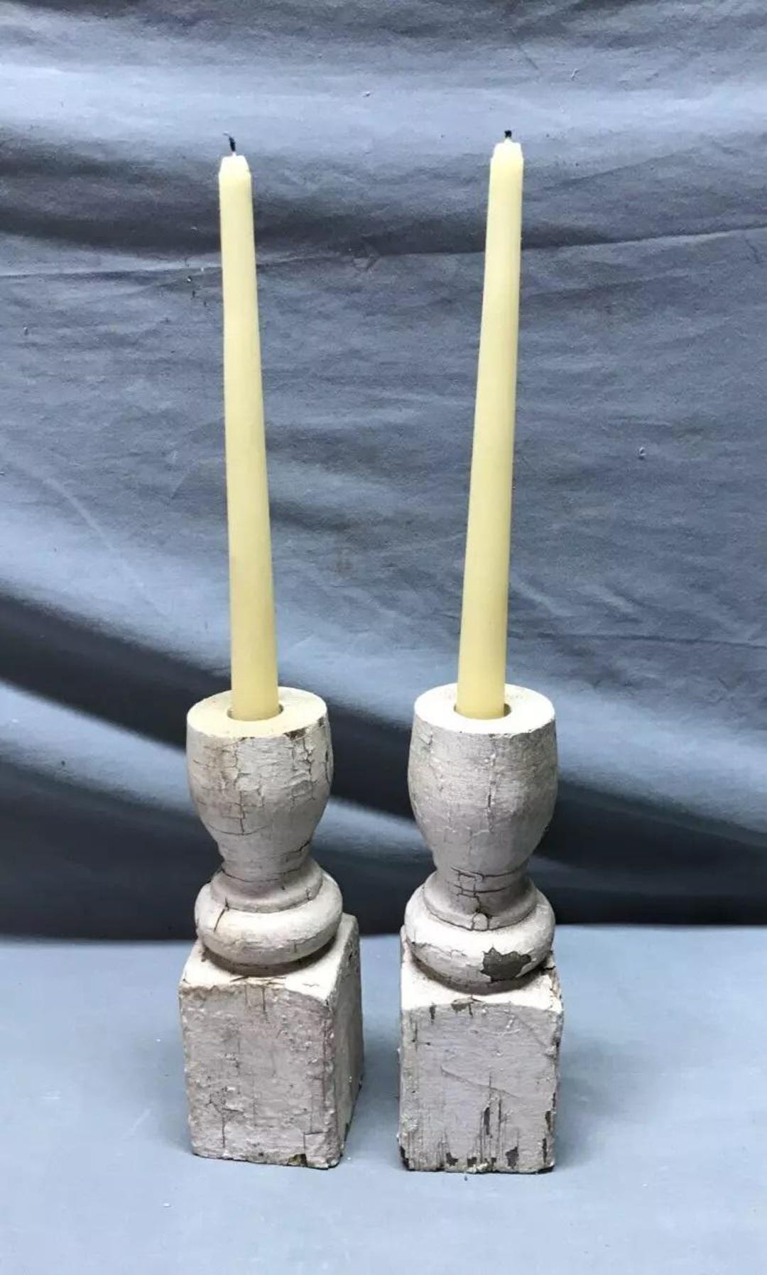 Pair Turned 9" Wood Shabby White Spindles Candlestick Holders Chic 1731 ...