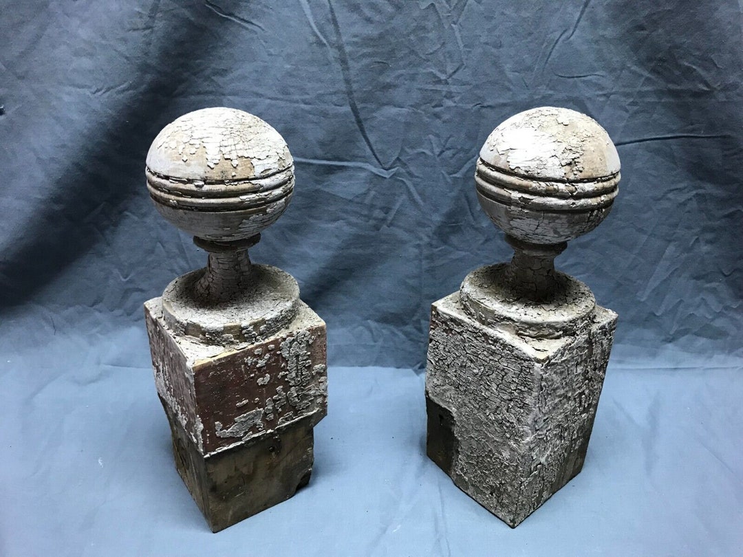 Antique VTG Pair Ball Top Finials Turned Wood Shabby Cottage Chic Old ...