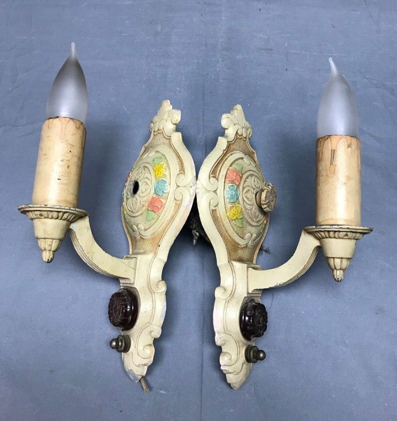 VTG Pair Aluminum Victorian Wall Sconces Painted Floral Light - Etsy