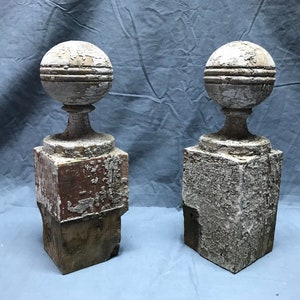 Antique VTG Pair Ball Top Finials Turned Wood Shabby Cottage Chic Old ...