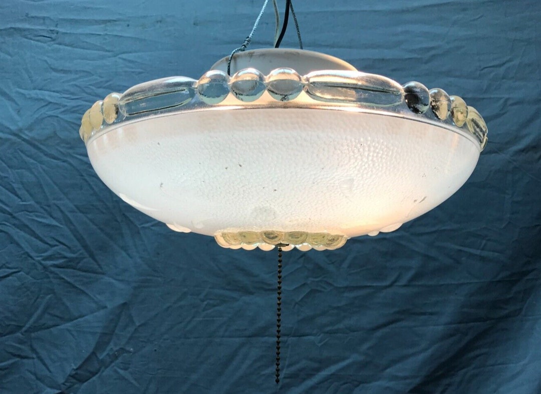 Vintage Deco 2 Bulb Ceiling Light Fixture 12" Pressed Glass Shade Old ...