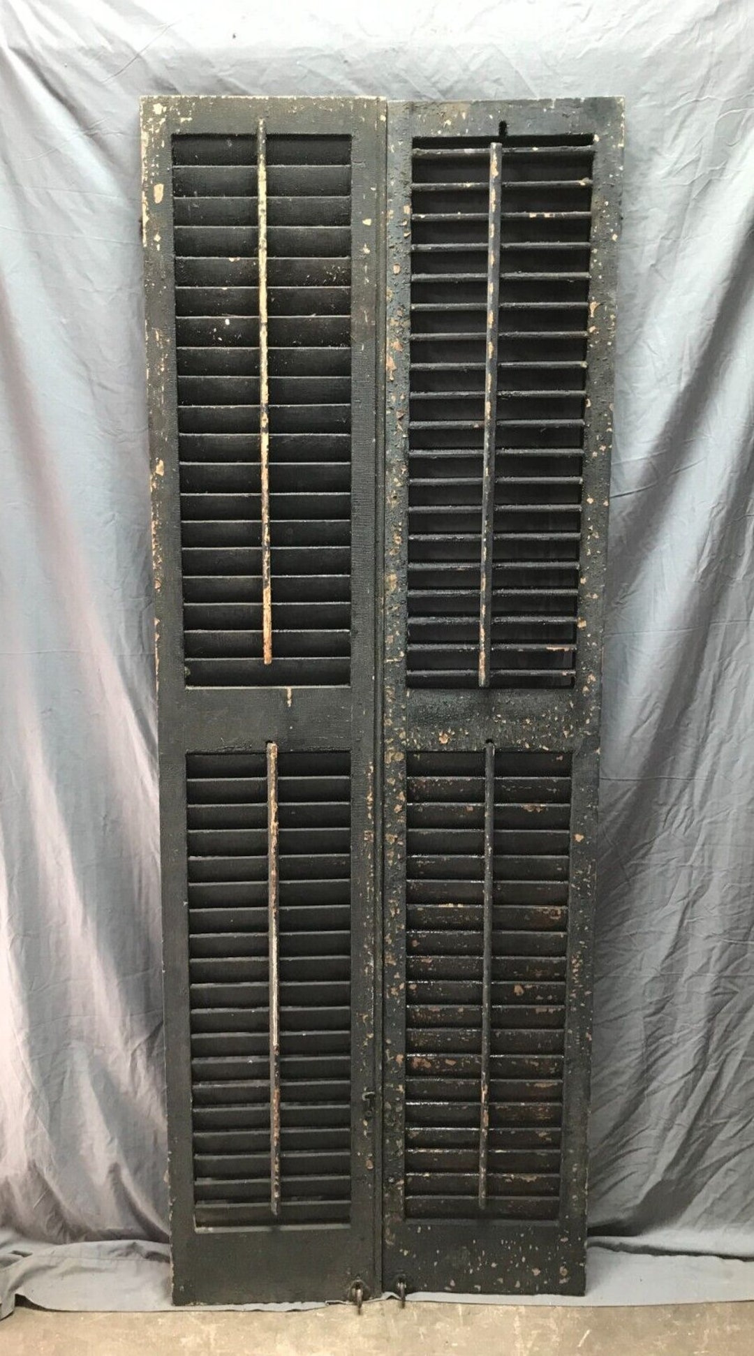 Pair Antique Window Wood 13x70 Louvered Shutters Shabby Green Old VTG ...