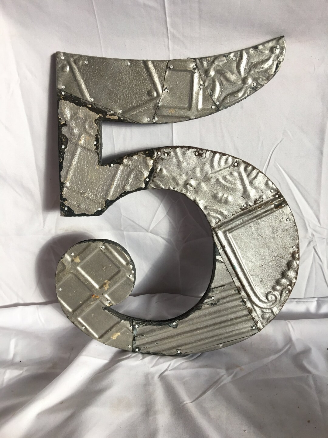 Reclaimed Tin Ceiling Wrapped 16" Number '5' Patchwork Metal Mosaic ...
