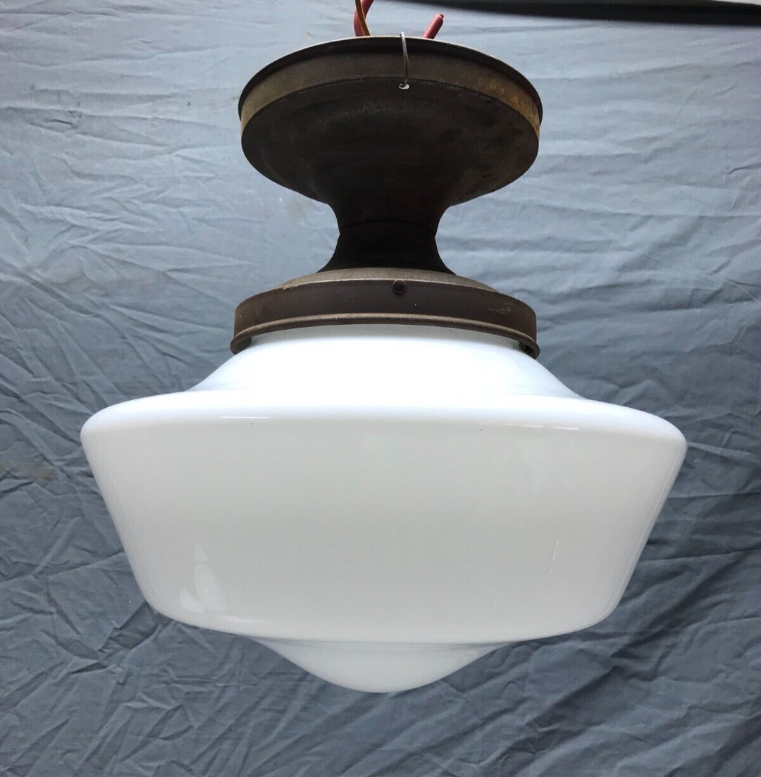 VTG Large 12" Schoolhouse Bank Ceiling Light Milk Glass Globe Old Metal ...