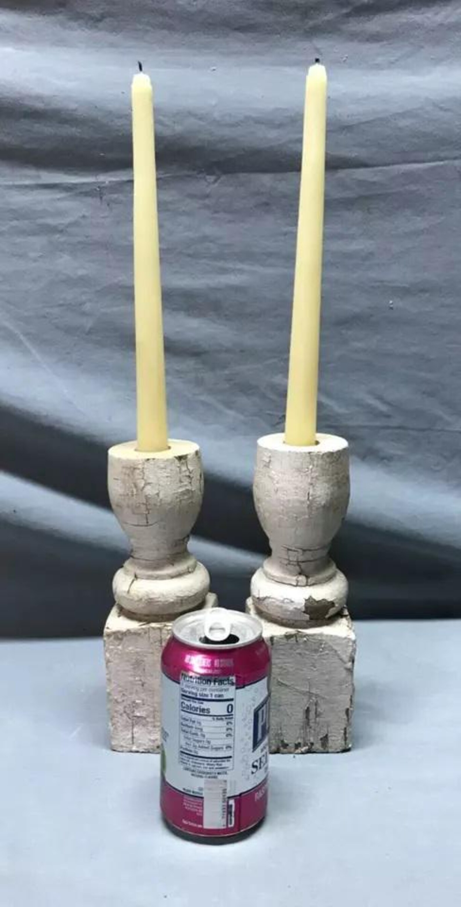 Pair Turned 9" Wood Shabby White Spindles Candlestick Holders Chic 1731 ...