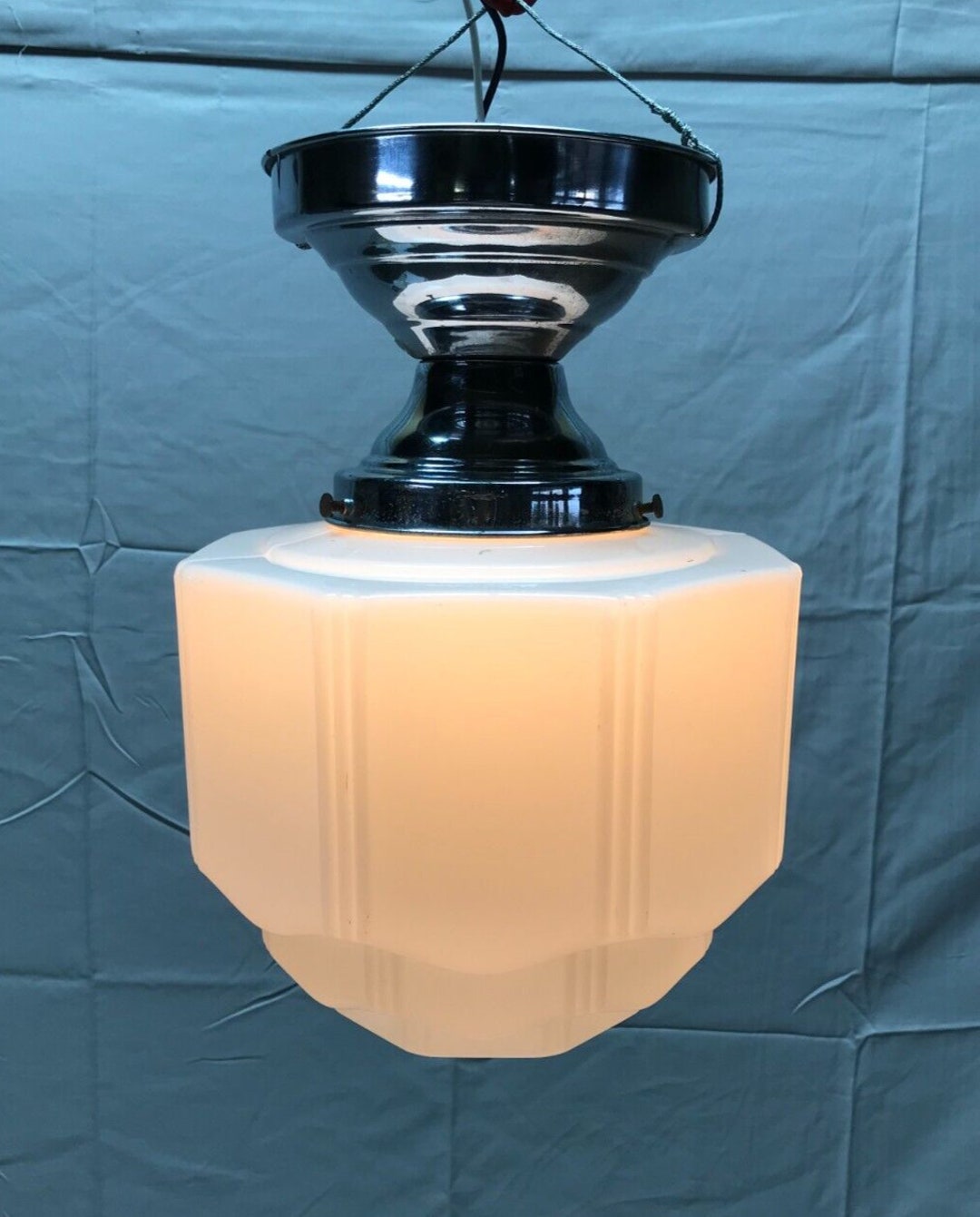 VTG Chrome Brass Skyscraper Ceiling Light Milk Glass Wedding Cake Old ...