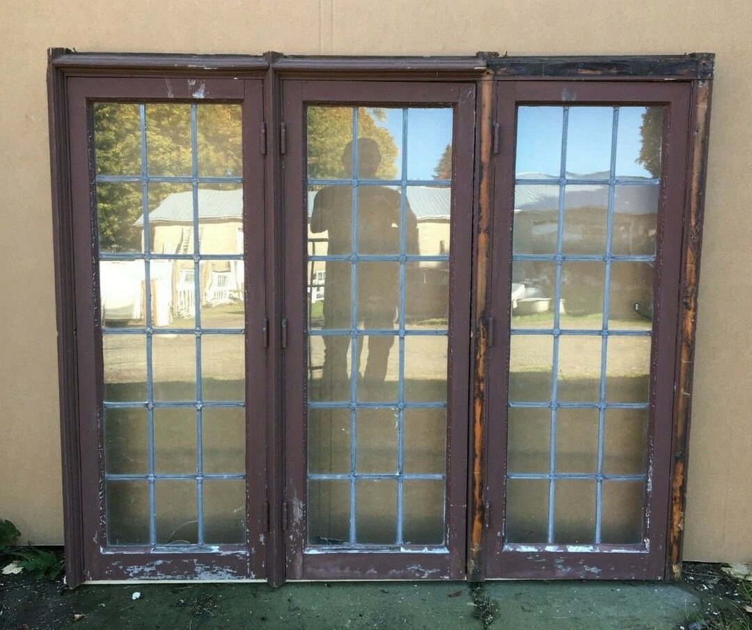 Antique Leaded Glass Triple 18 Lite Casement Window Surround Vtg 58x68 ...