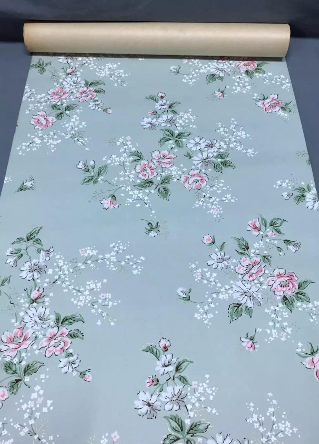 Antique VTG Single 18" Roll Green & Pink Roses Floral Wallpaper Old ...