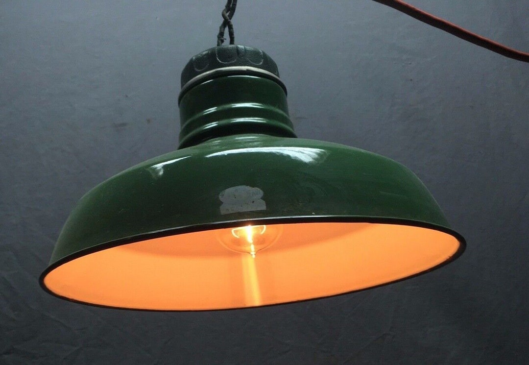Antique 12" Industrial Green Porcelain Gas Station Pan Light Vtg ...