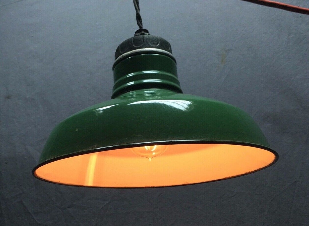 Antique 12" Industrial Green Porcelain Gas Station Pan Light Vtg ...