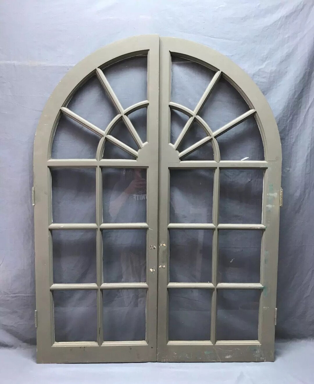 Vintage Pair 12 Lite Arch Top Glass Cabinet Cupboard Window Doors Old ...
