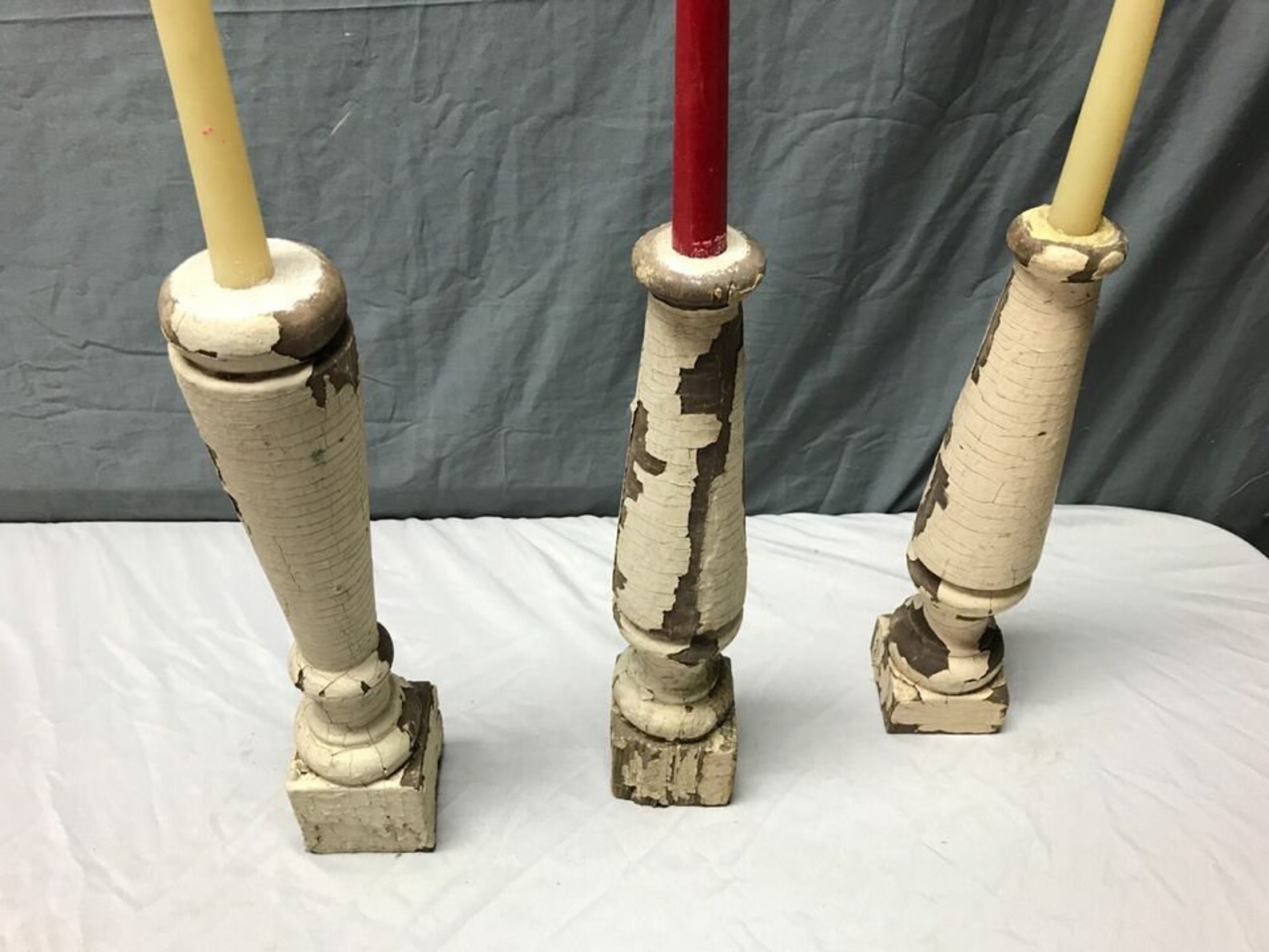 Set 3 Turned Wood Shabby White Spindles Candle Stick Holders Old VTG ...