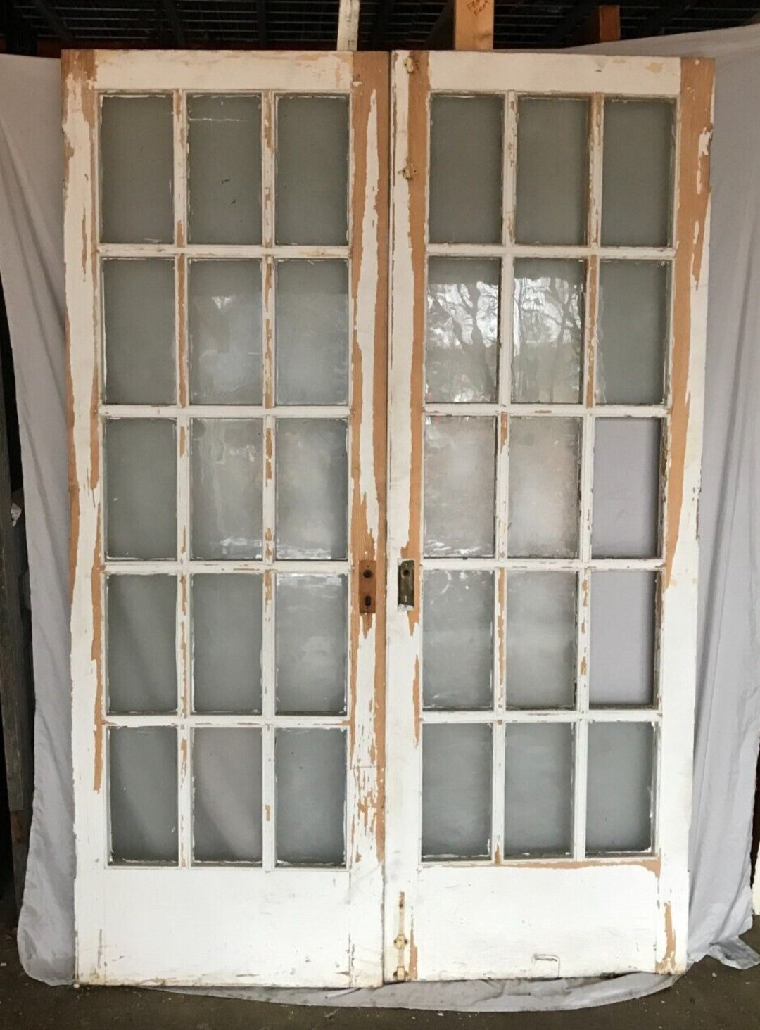 Antique Pair 15 Lite Wood 28x83 Distressed White French Doors Old VTG ...