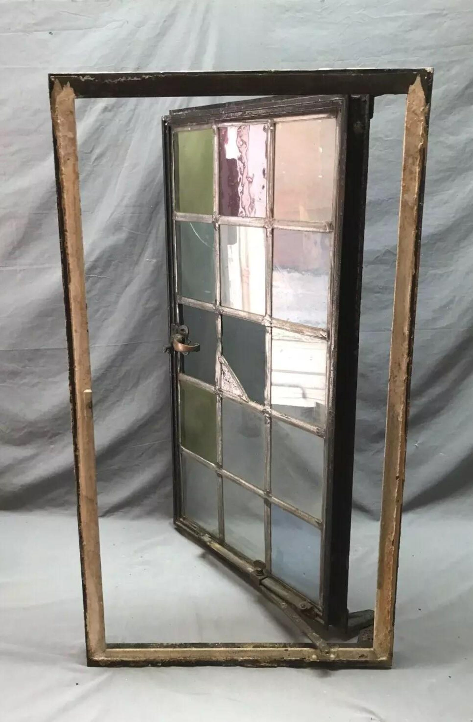 VTG Steel 16 Lite Leaded Stained-glass 20x37 Tutor Casement Window Old ...