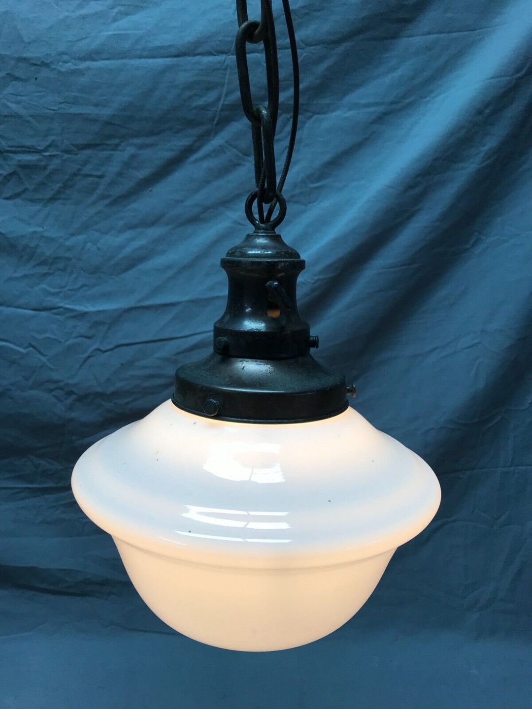 Antique 9" Schoolhouse Bank Ceiling Light White Glass Globe VTG Bronze ...