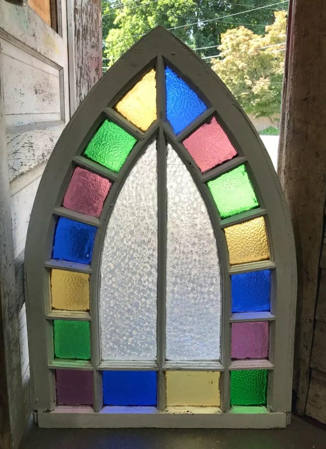 Antique Shabby Peaked 24x35 18 Lite Stained Glass Window Sash VTG Chic ...