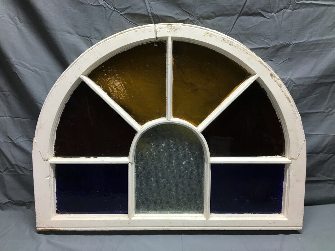 Antique Arch Top Stained Glass Window Sash Garden Shabby VTG Chic 26x33 ...