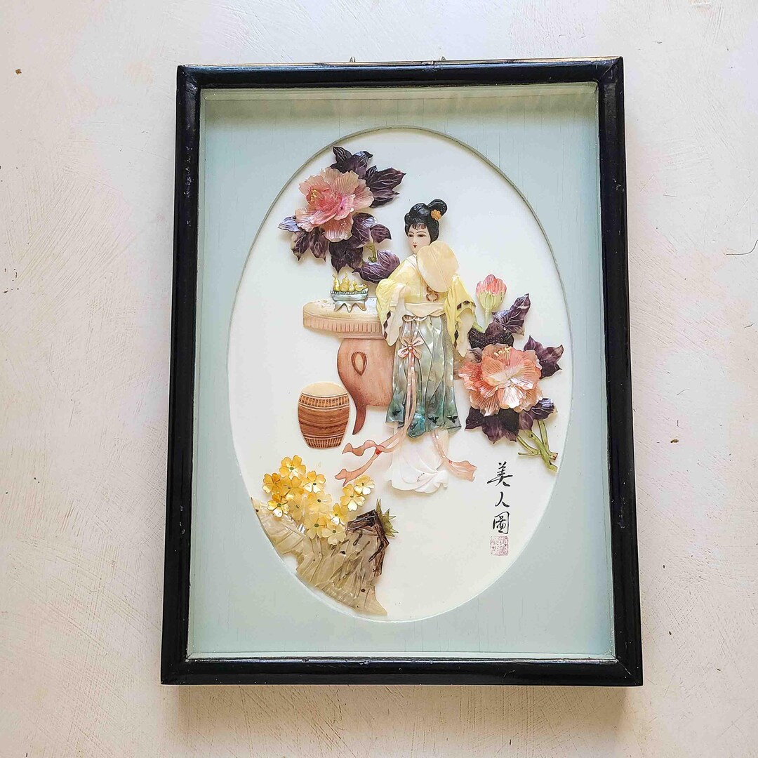 Vintage Asian Shell Wall Art: Woman and Flowers Shadow Box - Etsy