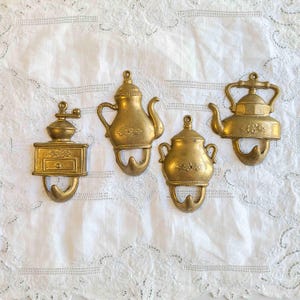Set of 4 Vintage Solid Brass Kitchen Wall Hooks- Coffee Grinder, Teapot ...