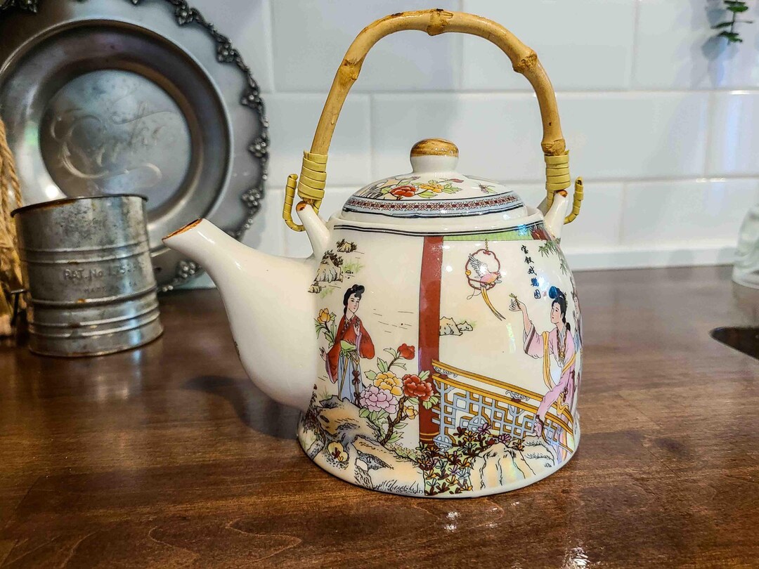 Vintage Porcelain Asian Teapot With Bamboo Handle Featuring Women in a ...