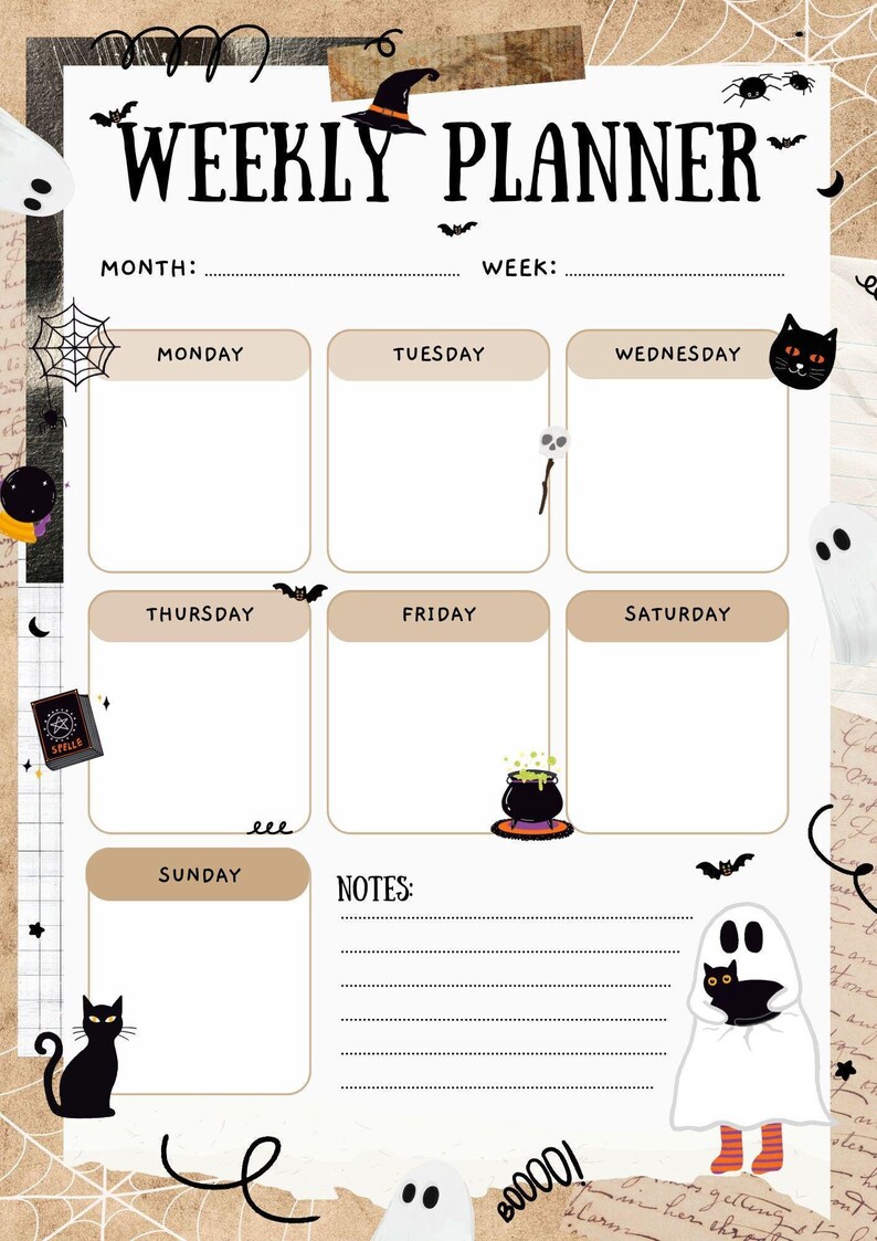 Brown White Black Vintage Collage Paper Halloween Weekly Schedule ...