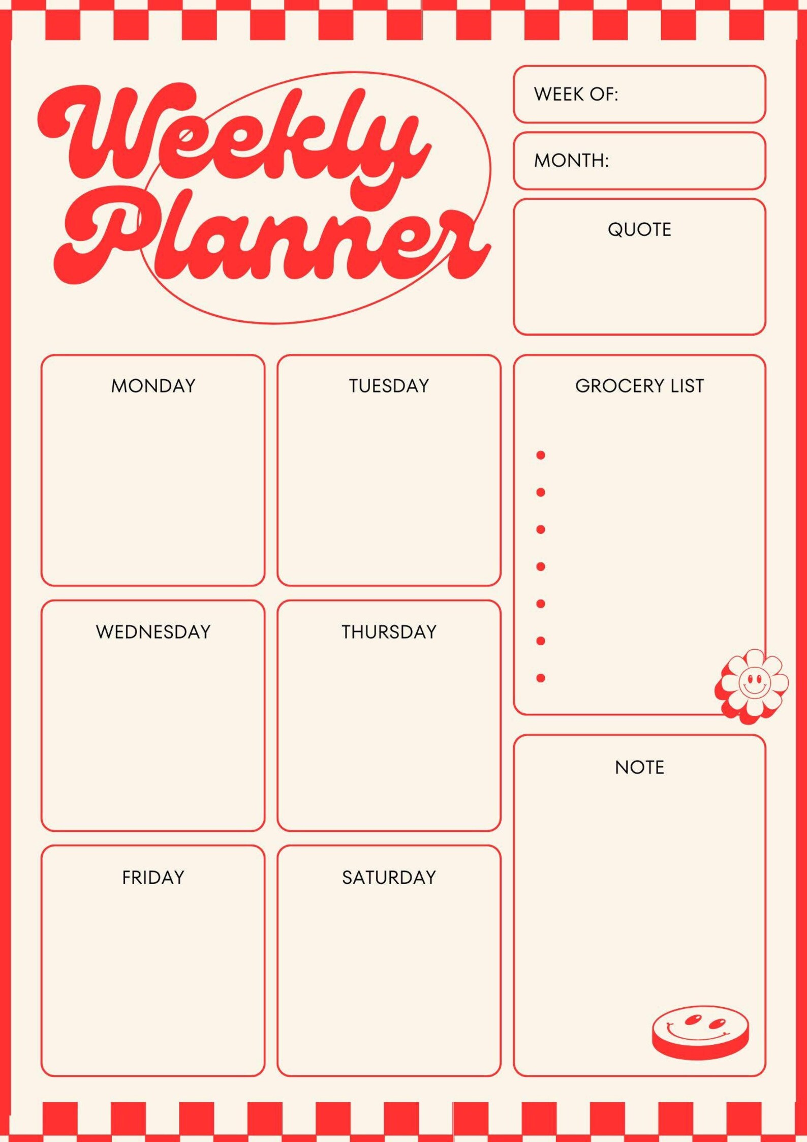 Red Playful Simple Weekly Planner. - Etsy