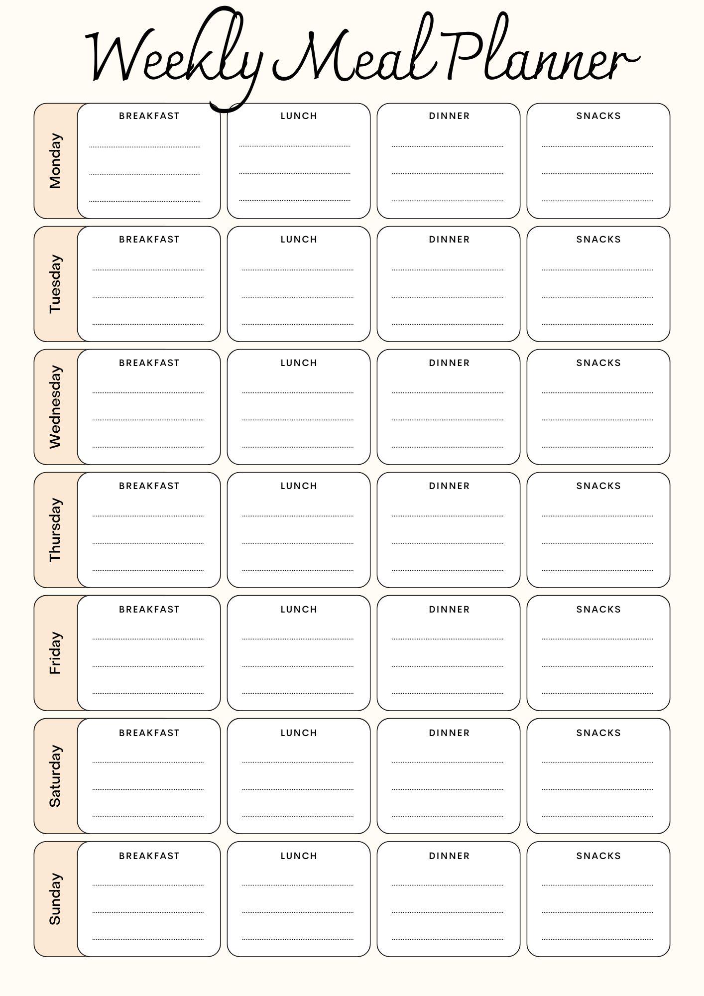 Cream Illustrated Weekly Meal Planner, Weekly Meal Planner, Weekly ...