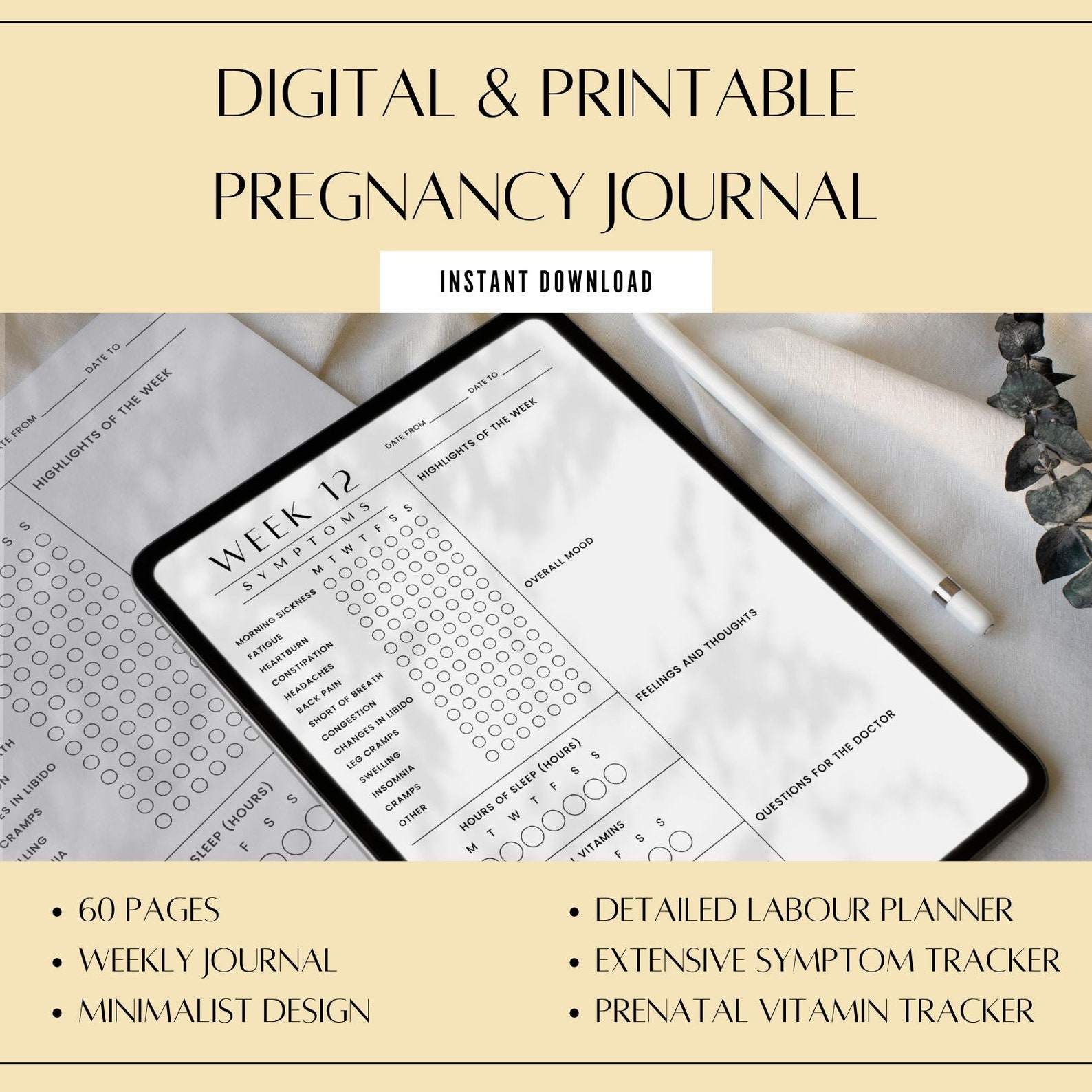 Minimal Digital & Printable Pregnancy Journal, 60-page Minimalist ...