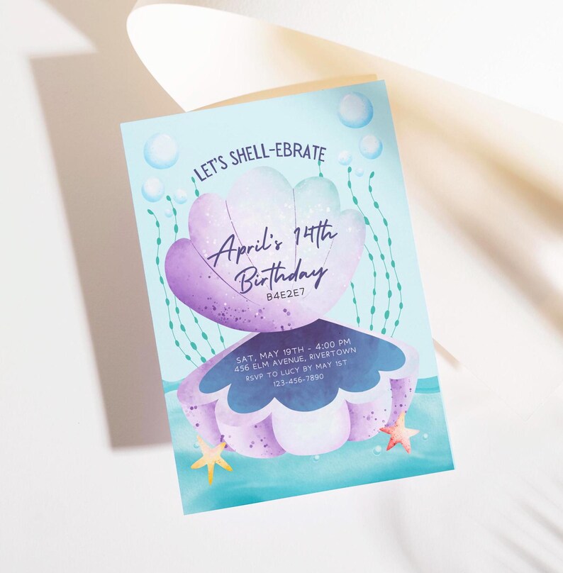 Seashell Birthday Invitation. Digital Download Canva Template, Under ...