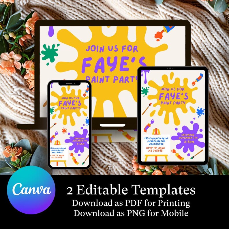 Colorful Paint Party Invitation, Customizable Digital Download for Kids ...