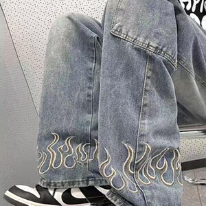 Fire Embroidered Jeans Flame Jeans Y2K Clothing Unisex Embroidered ...