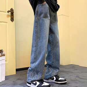 Fire Embroidered Jeans Flame Jeans Y2K Clothing Unisex Embroidered ...
